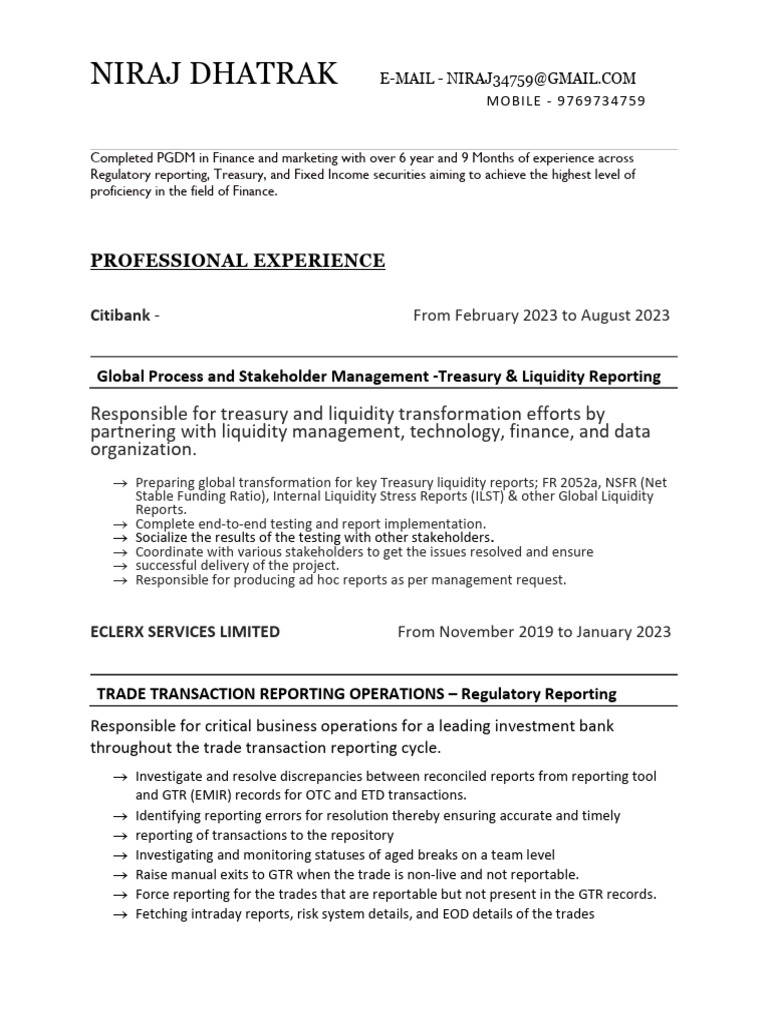 Niraj Resume August2023ND-1-1 | PDF | Securities (Finance) | Economies