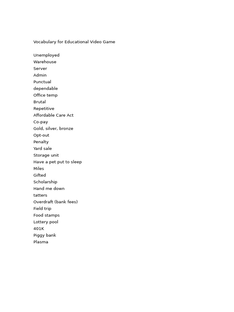 Vocabulary For Educational Video Game | PDF