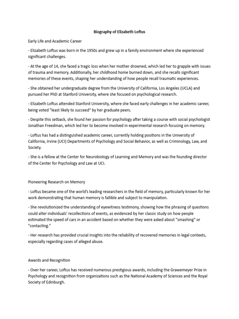Biography of Elizabeth Loftus | PDF | Memory | Psychology
