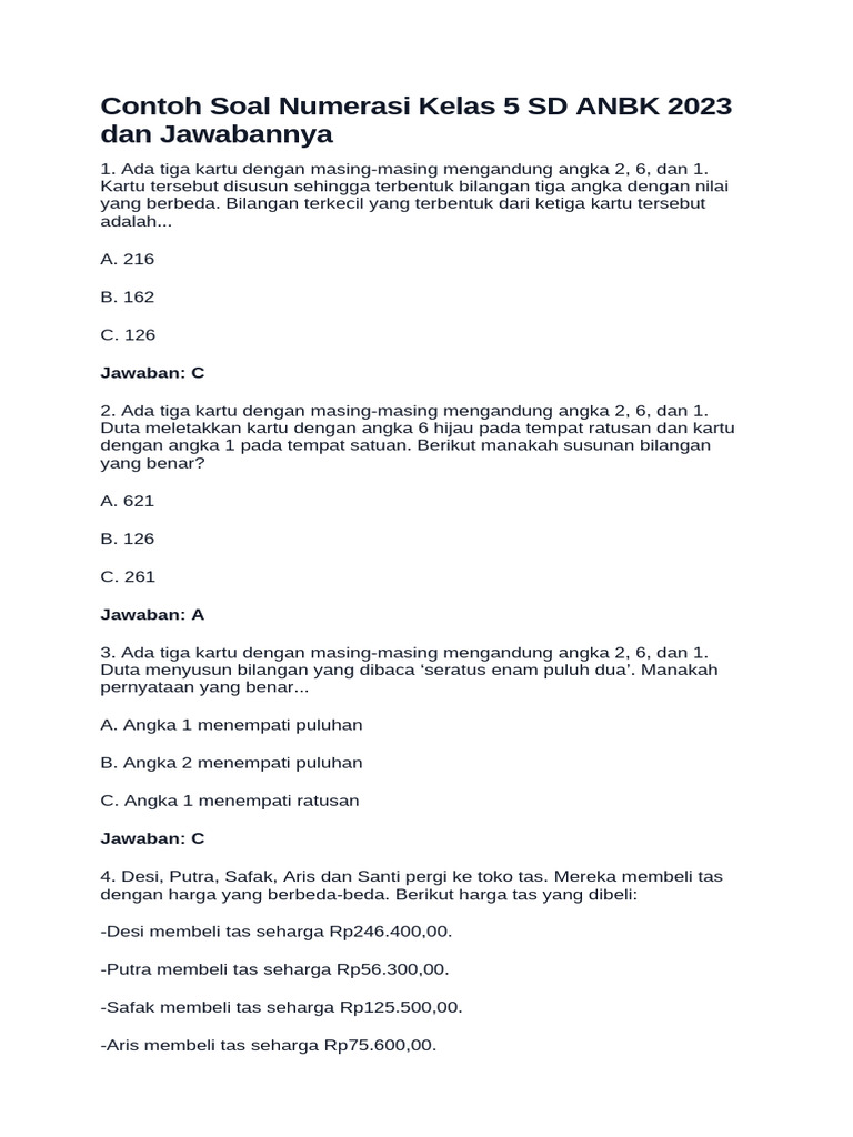 Contoh Soal Numerasi Kelas 5 SD ANBK 2023 Dan Jawabannya | PDF ...