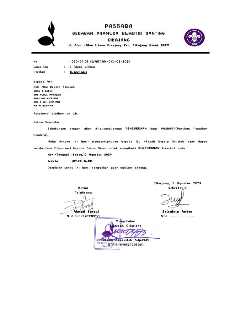 Dispensasi Siswa untuk Pengukuhan PASBARA | PDF