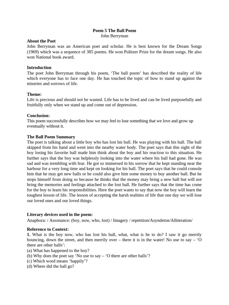 Understanding "The Ball Poem" Themes | PDF | Poetry