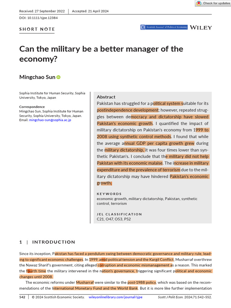 Scottish J Political Eco - 2024 - Sun - Can The Military Be A Better ...
