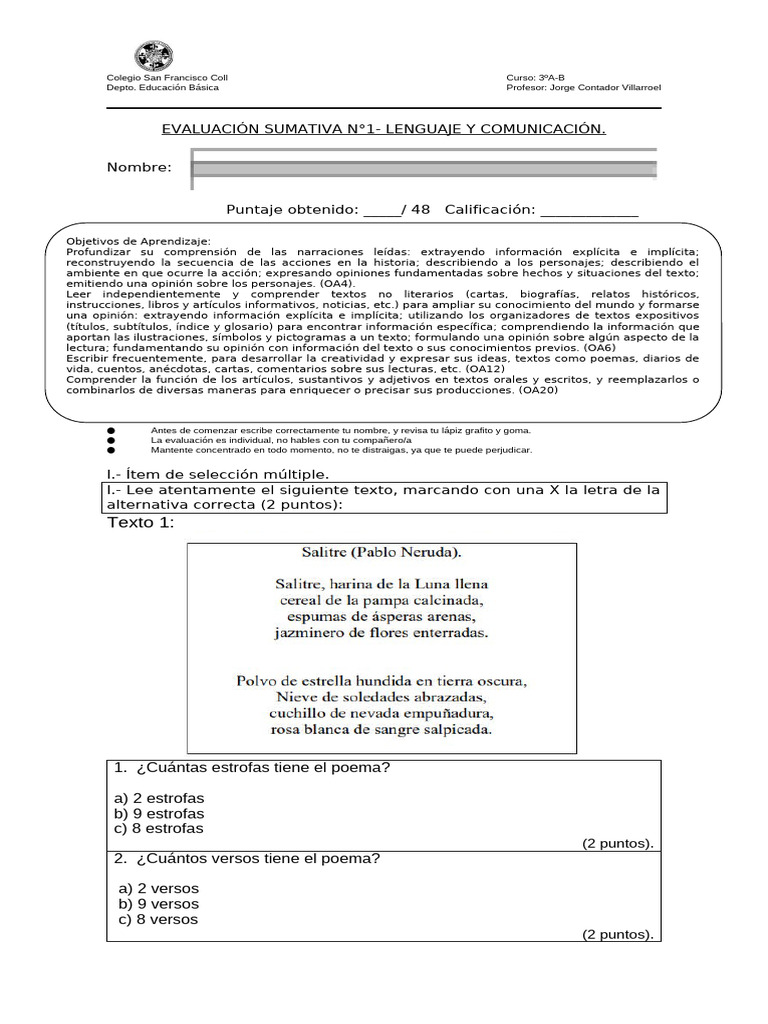 Evaluación Sumativa 1 LyC 3° A-B | PDF | Pinturas | Poesía