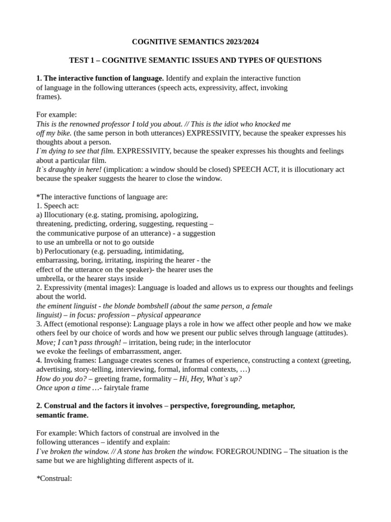 Cognitive Semantics Test Overview 2023 | PDF | Metaphor | Cognitive Science