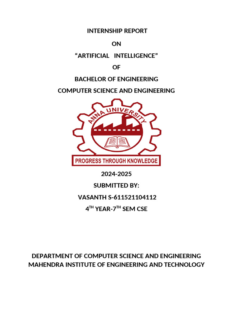 Internship Report Ai Vasanth Pdf Artificial Neural Network Machine Learning