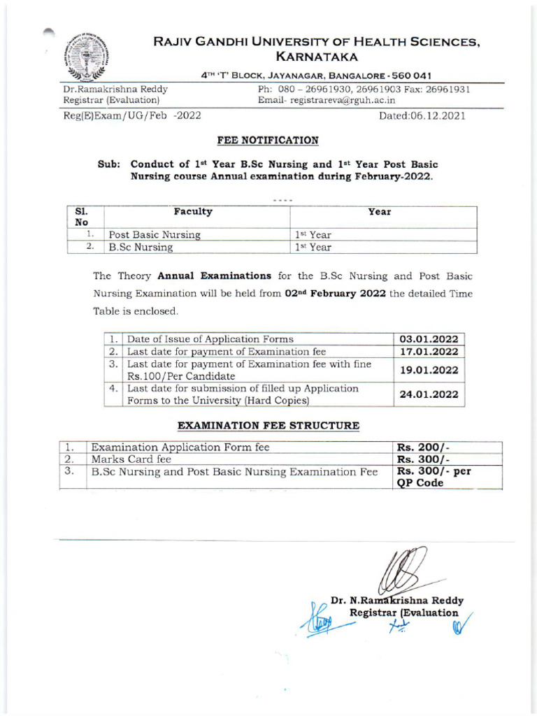 Fee Notification and Time Table For Conduct of 1st Year B.SC Nursing ...
