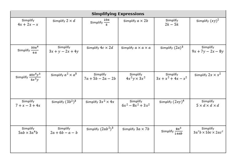 Simplifying Expressions Practice Grid | PDF | Teaching Methods & Materials