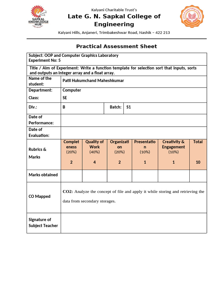 Practical Front Page CG4 | PDF | Rubric (Academic) | Computer Science