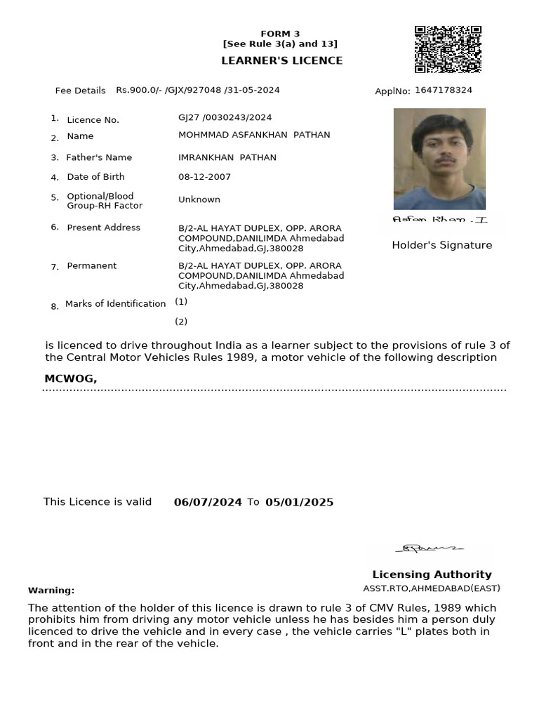 Learner'S Licence: Form 3 (See Rule 3 (A) and 13) | PDF