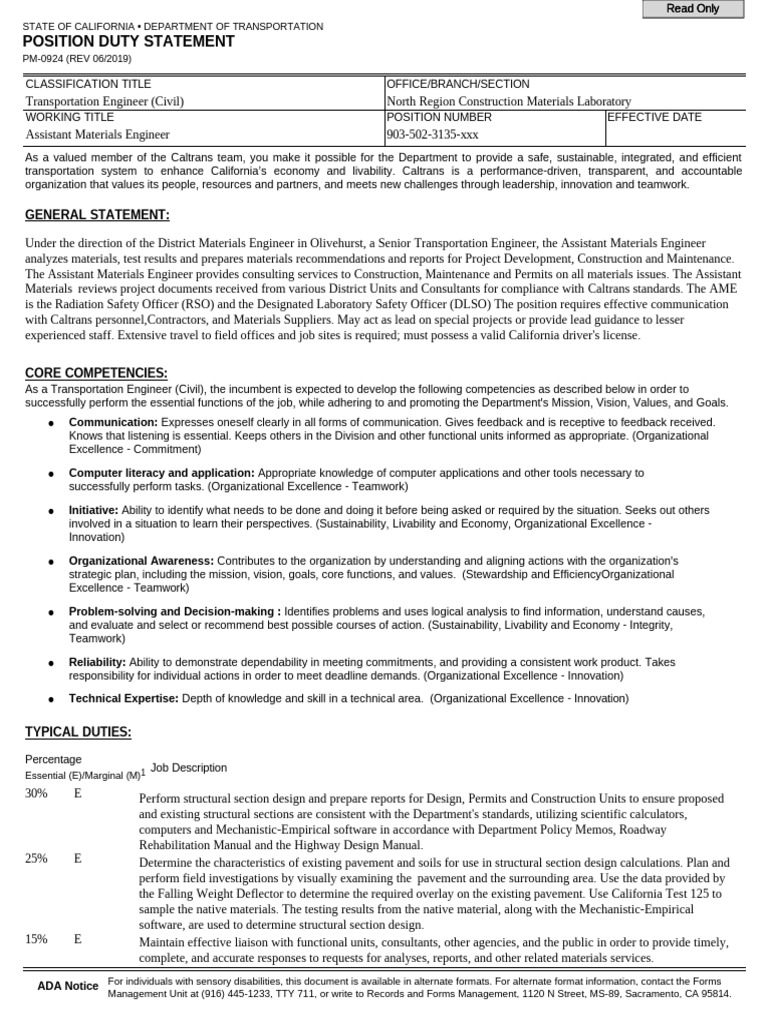 JC 389406 Duty Statement | PDF | Engineering | Specification (Technical ...