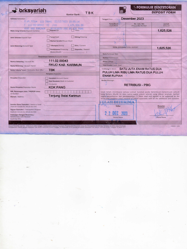 Slip Setoran Kok Pang047 | PDF