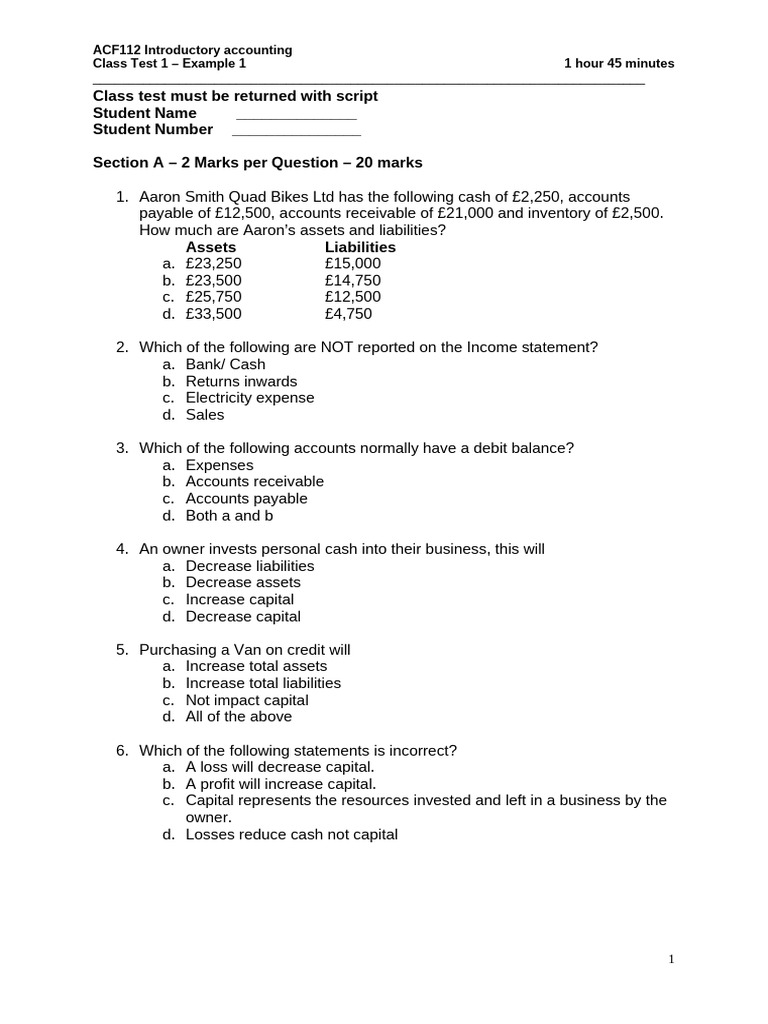 4 Class Test 1 - Example 1 | PDF | Debits And Credits | Corporations