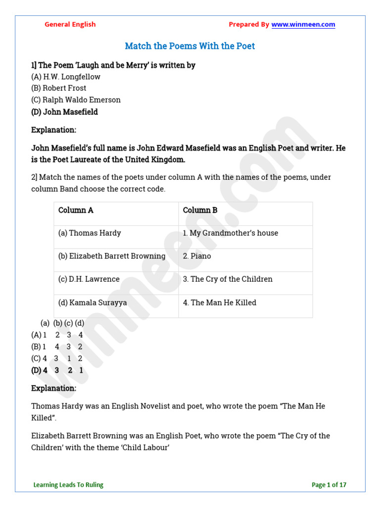 Poetry and Poets Matching Guide | PDF | English Poetry | Poetry