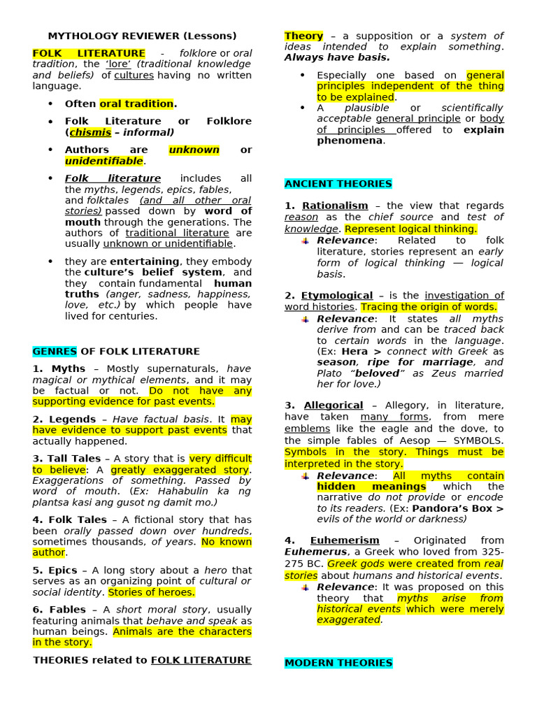 MYTHOLOGY REVIEWER (Lessons) | PDF | Folklore | Psychoanalysis