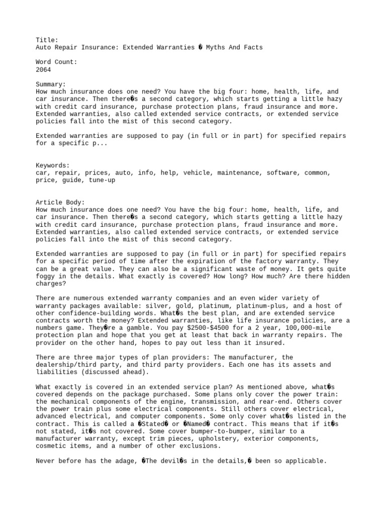 Auto Repair Insurance Extended Warranties Myths and Facts | PDF ...