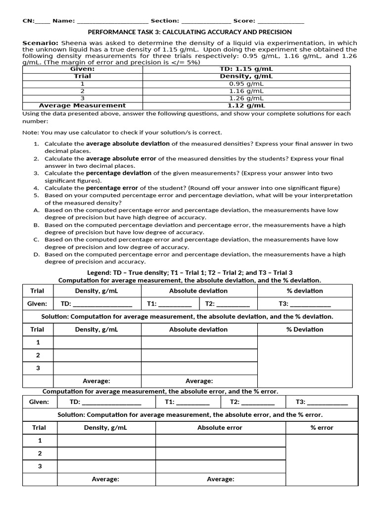Performance Task 3 Calculating Accuracy And Precision Pdf Accuracy