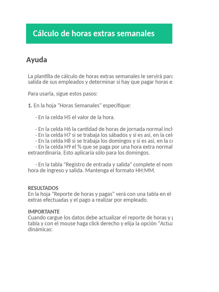 Planilla de Excel para El Calculo de Horas Extras Semanales | PDF | Compensación laboral ...