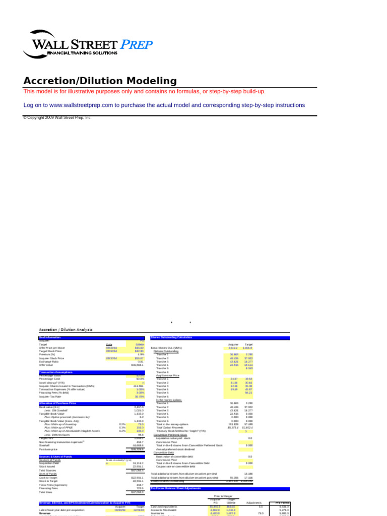 Accretion Dilution Model | PDF | Book Value | Stocks
