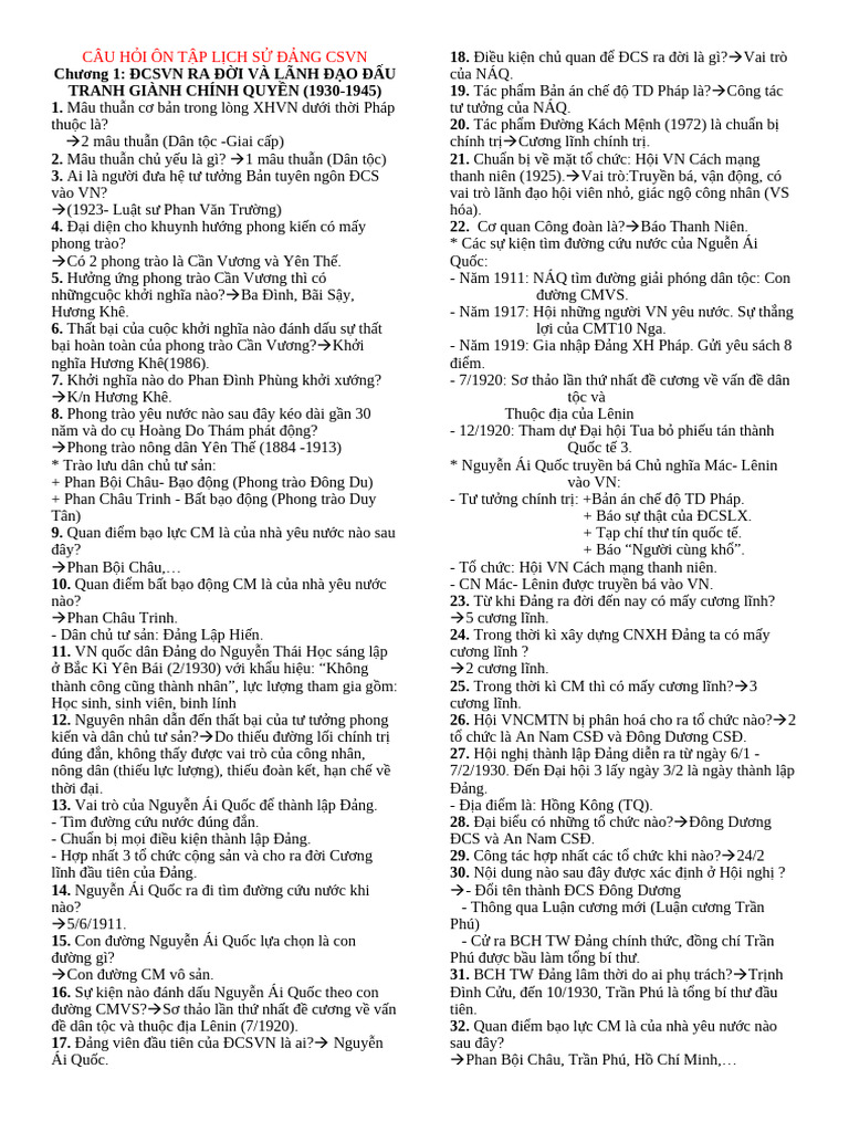 Câu Hỏi Ôn Tập Lịch Sử Đảng CSVN | PDF