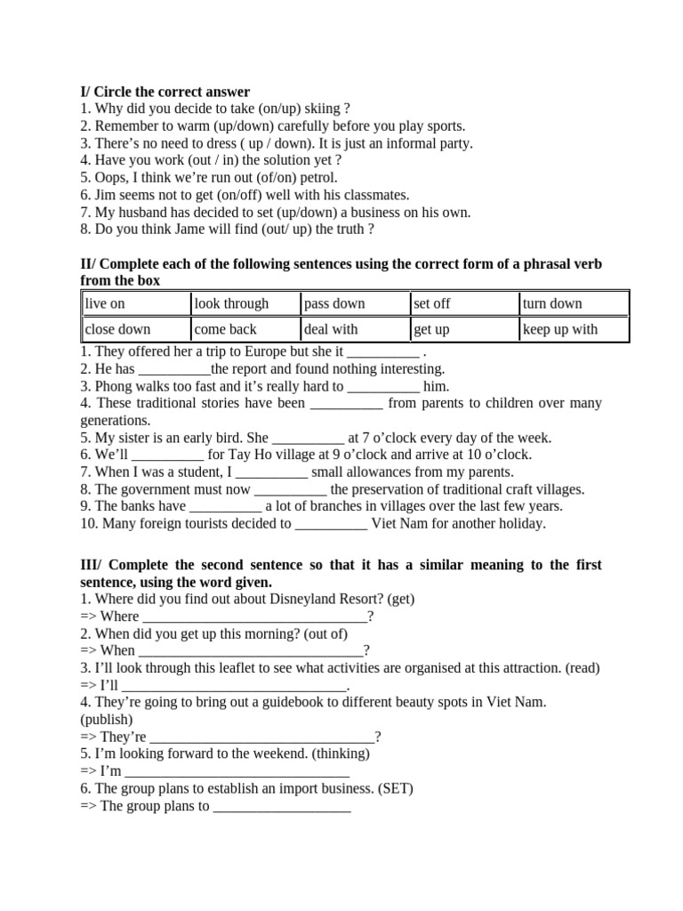 Phrasal Verbs Practice Worksheet | PDF