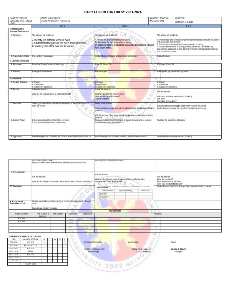 4 TVL Daily Lesson Log BPP (Batobato) | PDF | Baking | Bakery