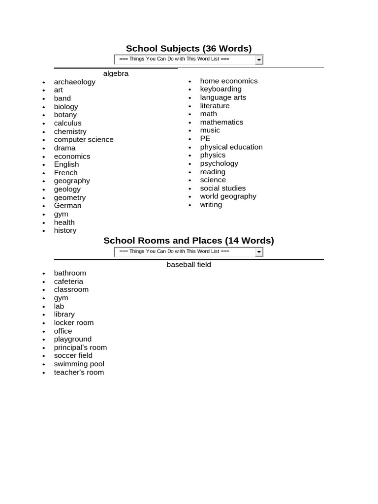 School Subjects and Rooms | PDF