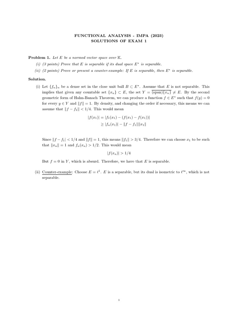 Exam 1 Functional - Analysis (IMPA 2023) - Solutions | PDF | Functional Analysis | Banach Space