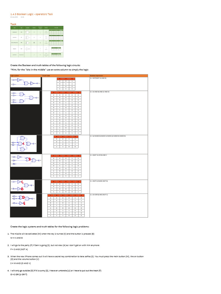 1.4.3 Boolean Logic - Operators Task | PDF | Mathematics | Logic