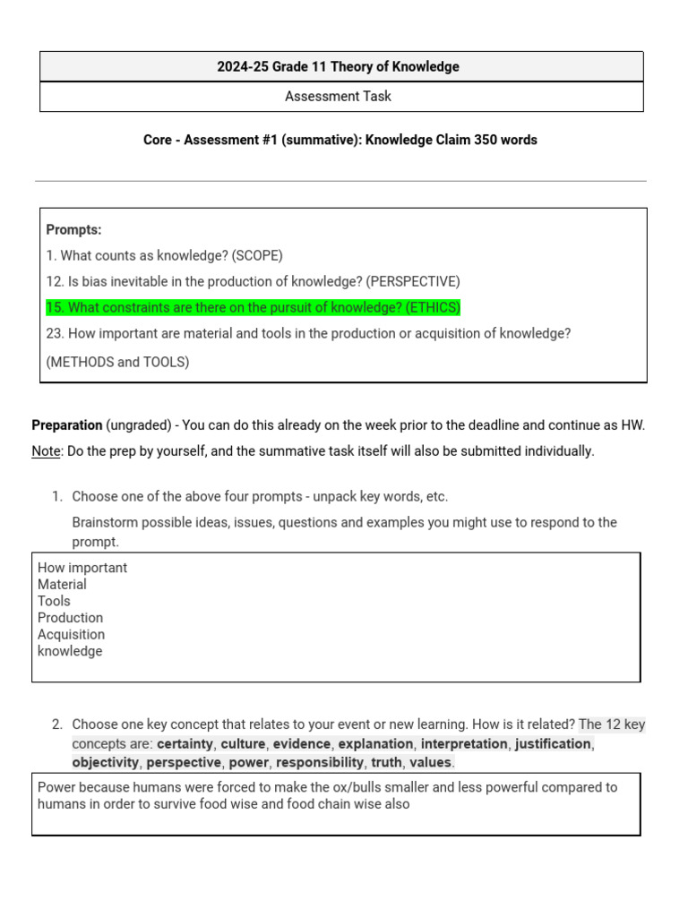 Core - Assessment #1 (Summative) Knowledge Claim 24-25 Grade 11 Theory ...