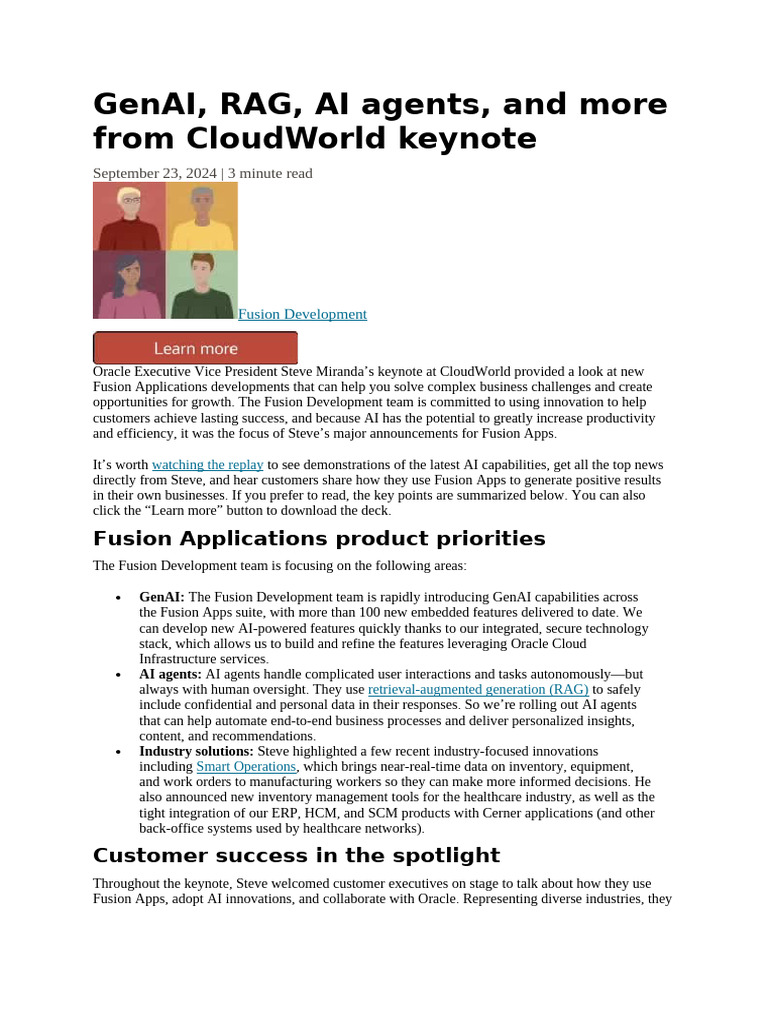 GenAI, RAG, AI Agents, and More From CloudWorld Keynote | PDF ...