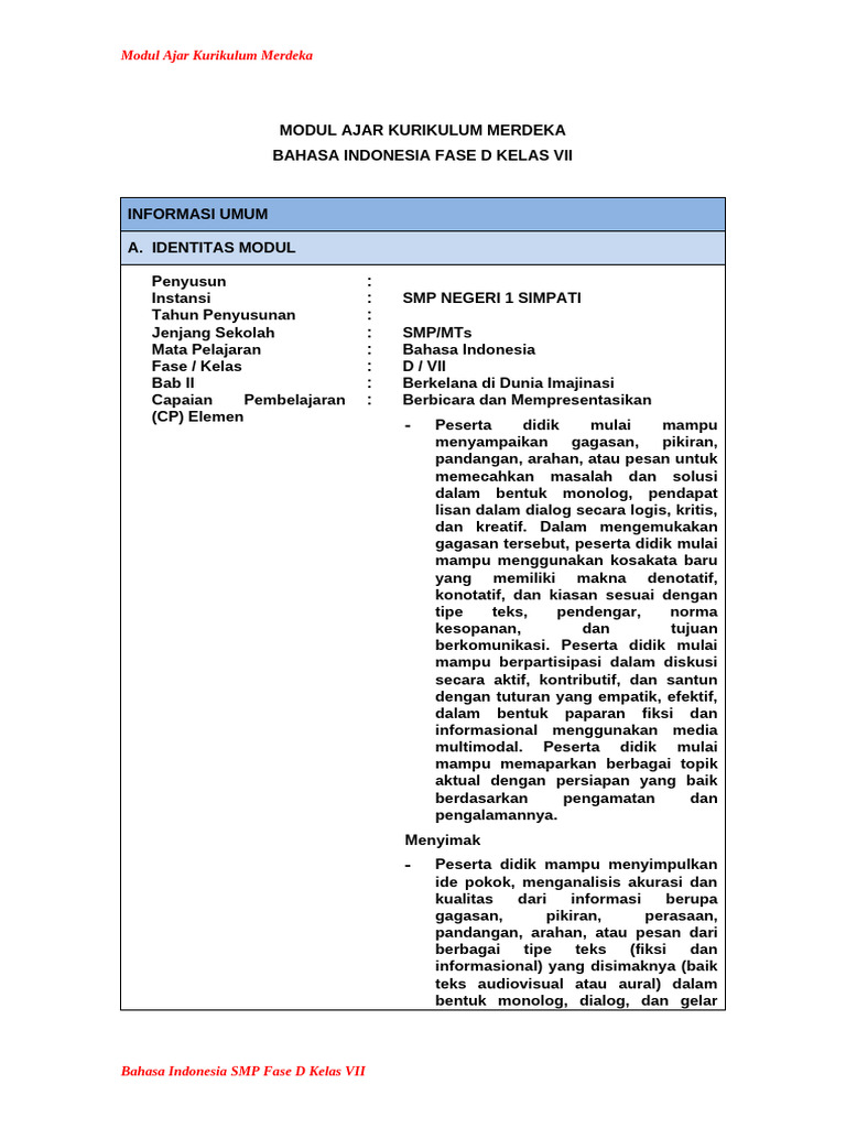 Modul Ajar Bahasa Indonesia Kelas 7 Bab 2 | PDF | Karier & Perkembangan