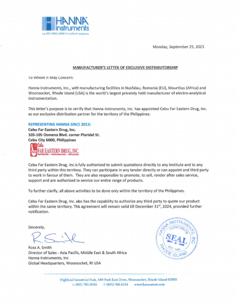 HANNA Exclusive Distributorship 2023-2024 | PDF