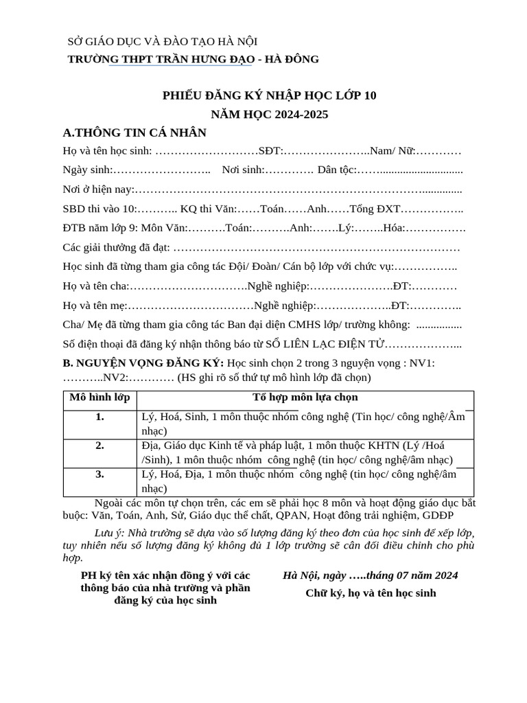 Phieu Dang Ky Nhap Hoc 10 - 17202420 | PDF