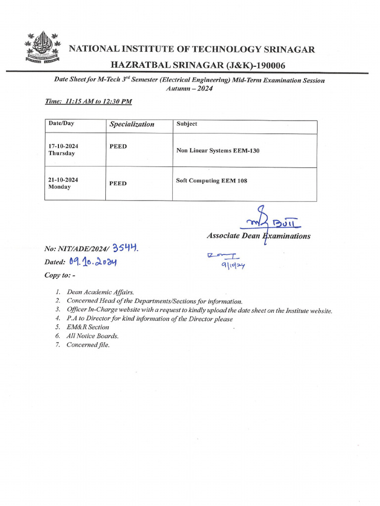 Electrical M.Tech 3rd Semester Mid Term Datesheet2 For Session Autumn ...