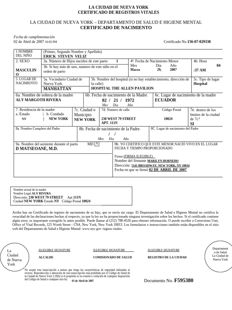 Traduccion Certificate of Birth Erick Steven | PDF