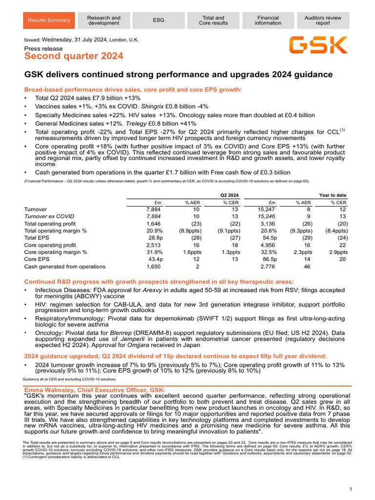 GSK Press Release Q2 2024 | PDF | Immunology | Medicine
