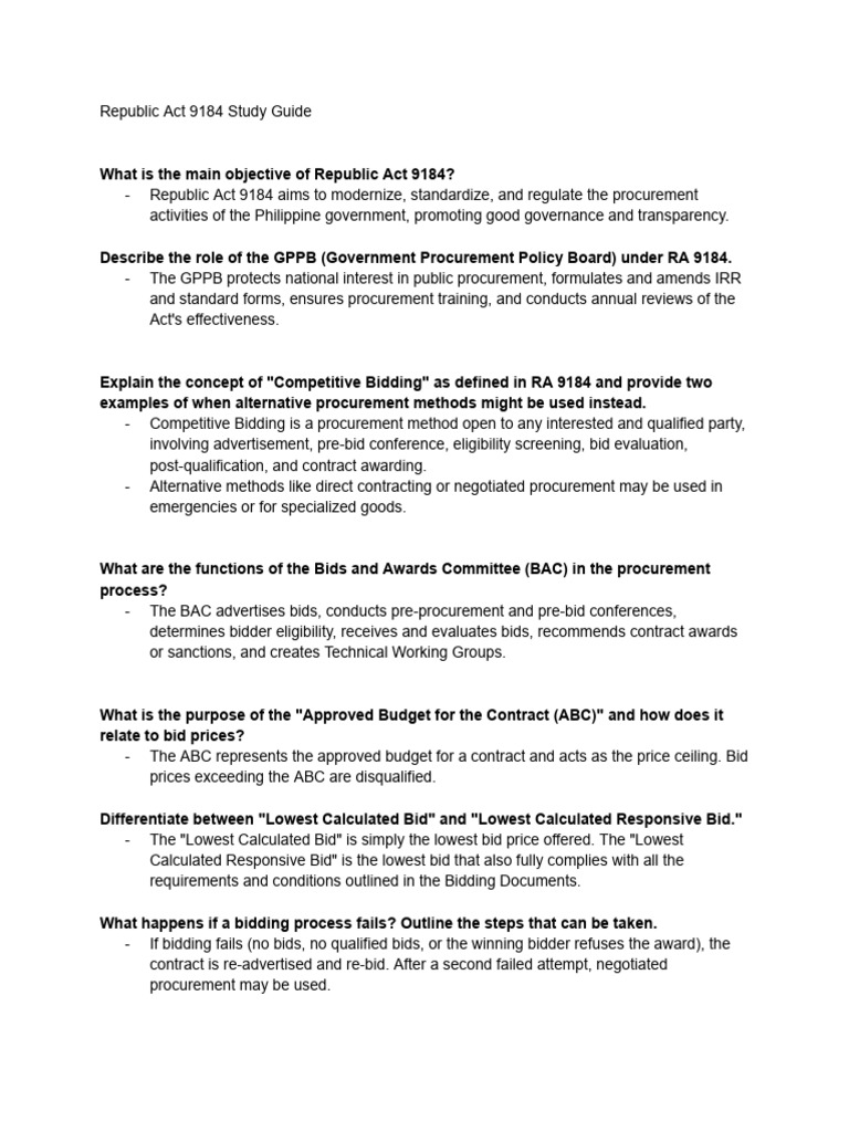 Republic Act 9184 Study Guide | PDF | Procurement | Government