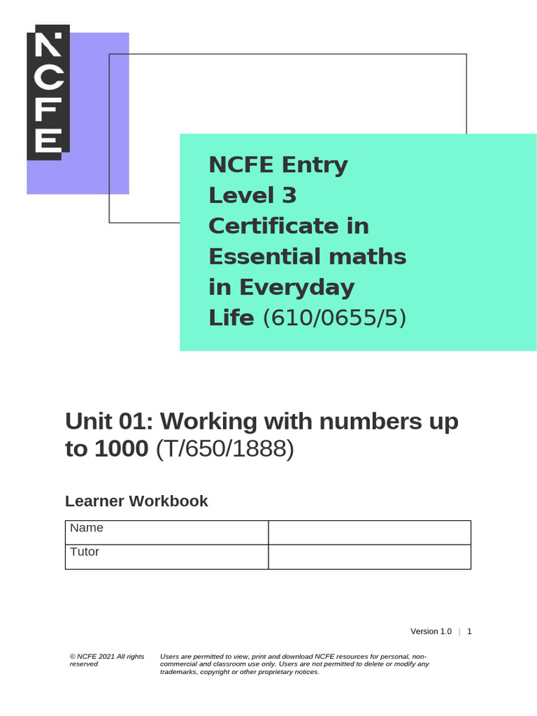 Essential Maths Entry Level 3 Unit 01 Workbook V1.3 | PDF | Copyright ...