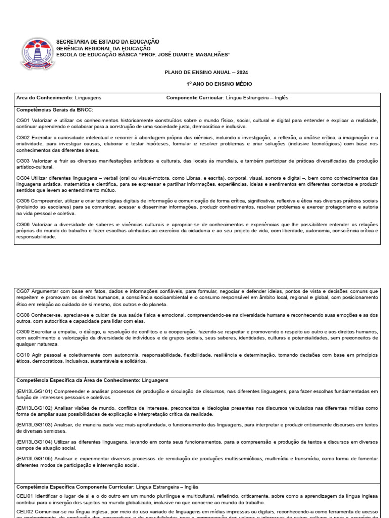 1o Ano 2024 Em Plano De Ensino Anual Inglês Juliana Simon 5887