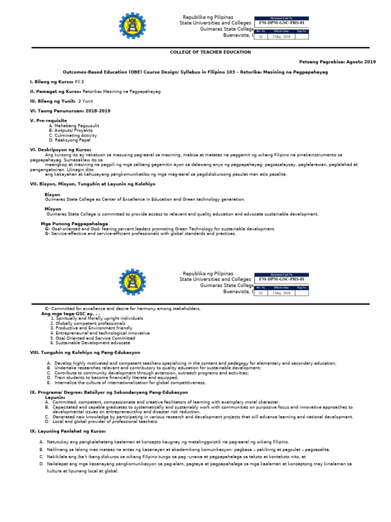 Course Syllabus Sa Retorika (Cte) | PDF
