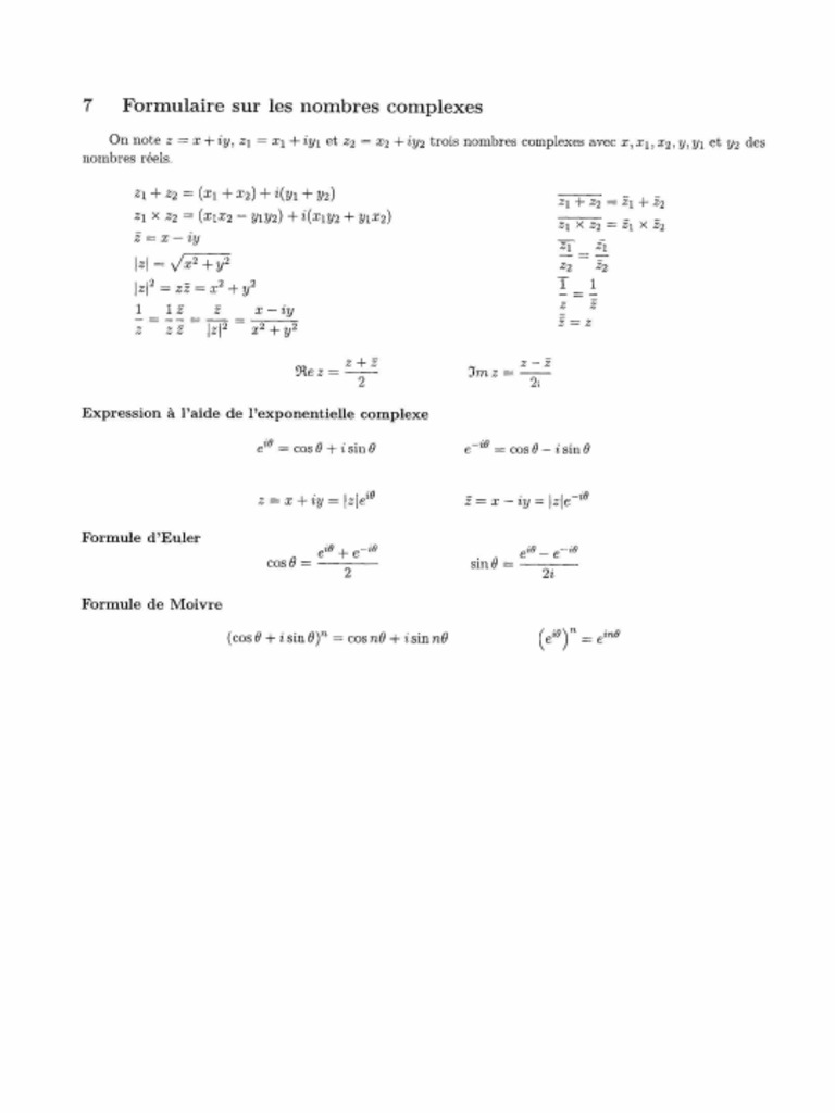 Formulaire Nombres Complexes | PDF