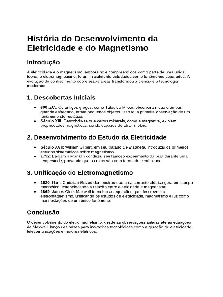História Do Desenvolvimento Da Eletricidade E Do Magnetismo Pdf