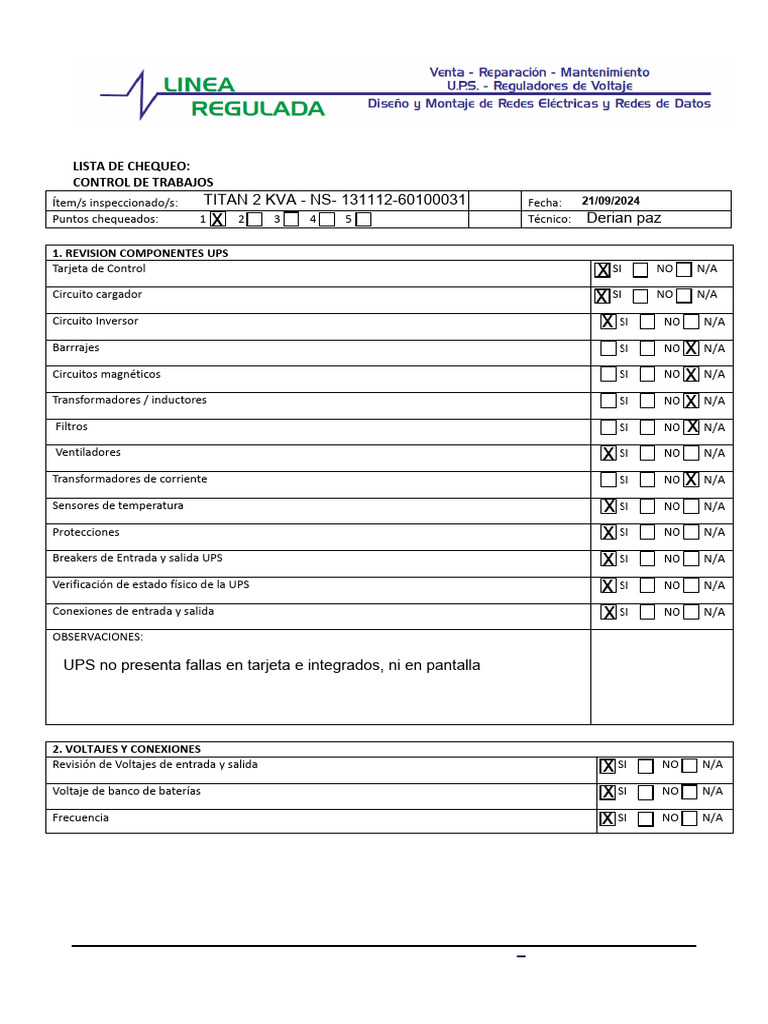 Check List Mantenimiento UPS 2 Kva Titan | PDF | Transformador ...