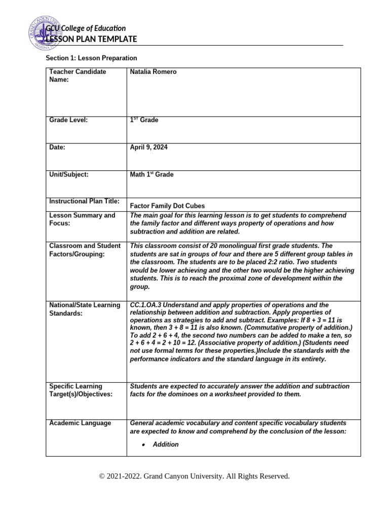 1st Grade Math Lesson Plan: Factor Families | PDF | Lesson Plan | Learning