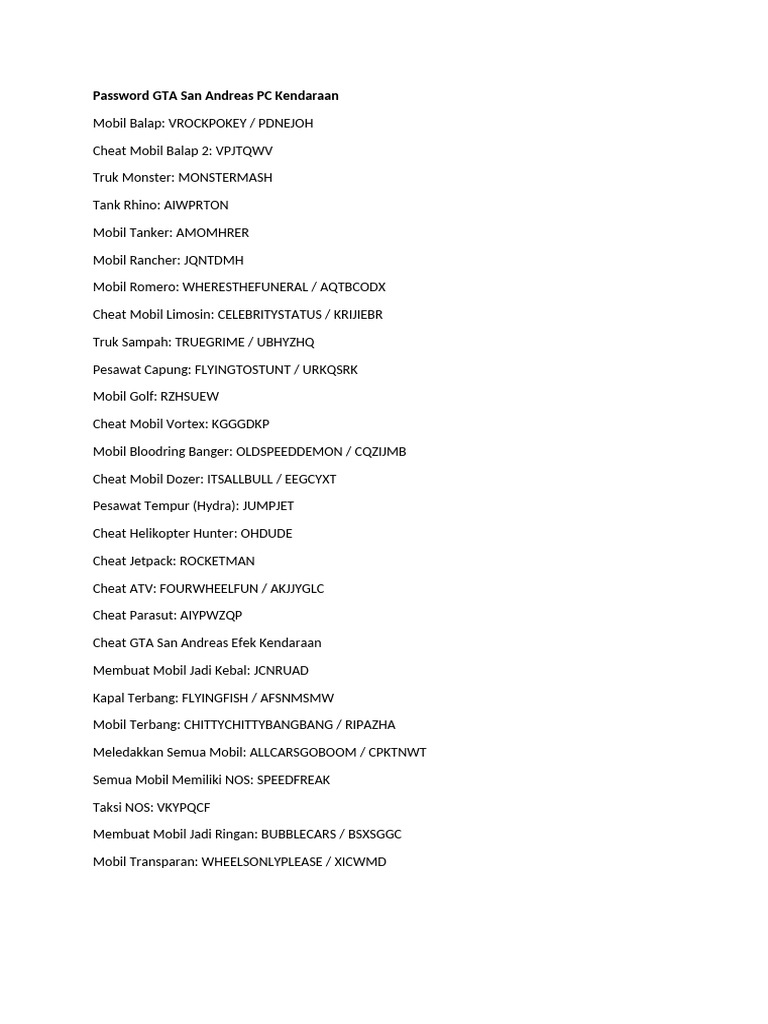 GTA San Andreas Cheat Codes Guide | PDF | Law