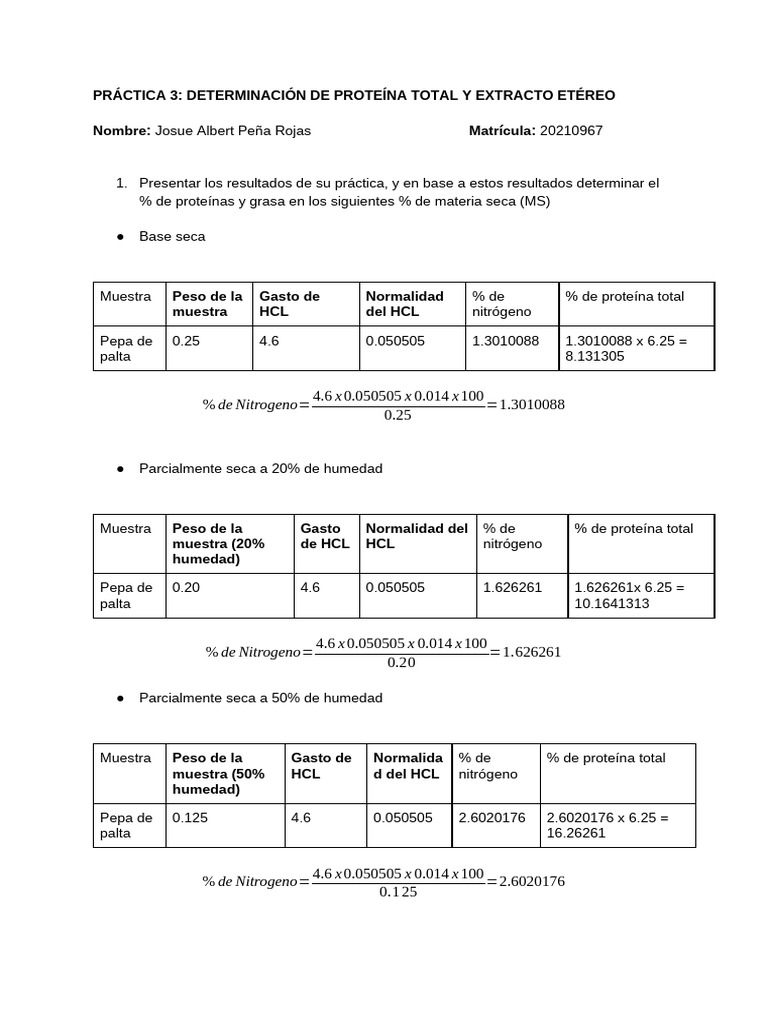Práctica 3 - Determinación de Proteína Total y Extracto Etéreo | PDF | Aminoácidos | Proteínas