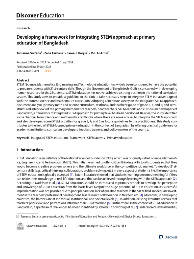 Developing A Framework For Integrating STEM Approach at Primary | PDF ...