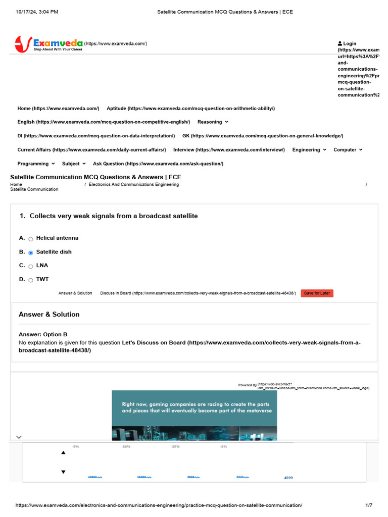MCQ Satellite Communication MCQ Questions & Answers - ECE | PDF | Communications Satellite ...