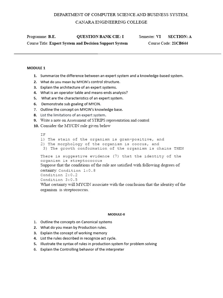 Expert System Question Bank CIE1 | PDF